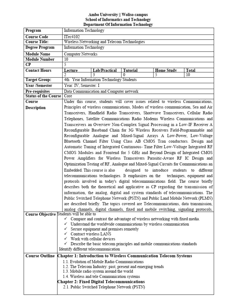 Course Outline | PDF | Cellular Network | Telecommunications