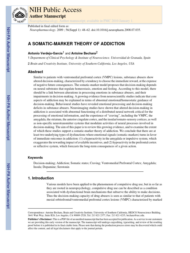 A Somatic-Marker Theory of Addiction | PDF | Decision Making | Amygdala