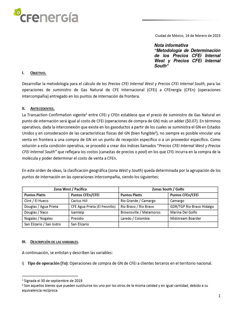 Metodología de Determinación de Los Precios CFEi Internal West y ...