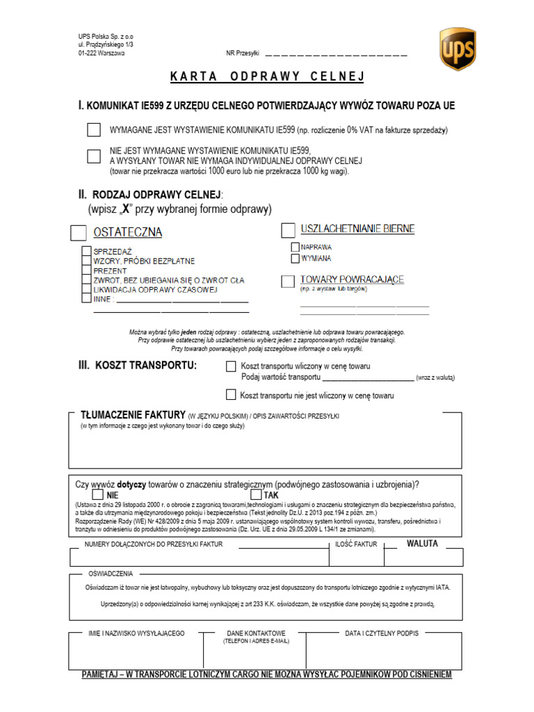 Karta Odprawy Celnej UPS | PDF