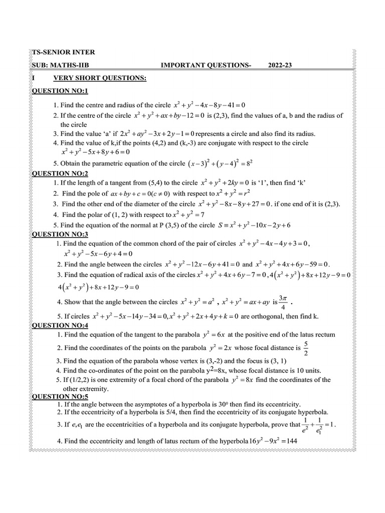 TS - SR - Maths Iia - Imp Questions-2023 | PDF