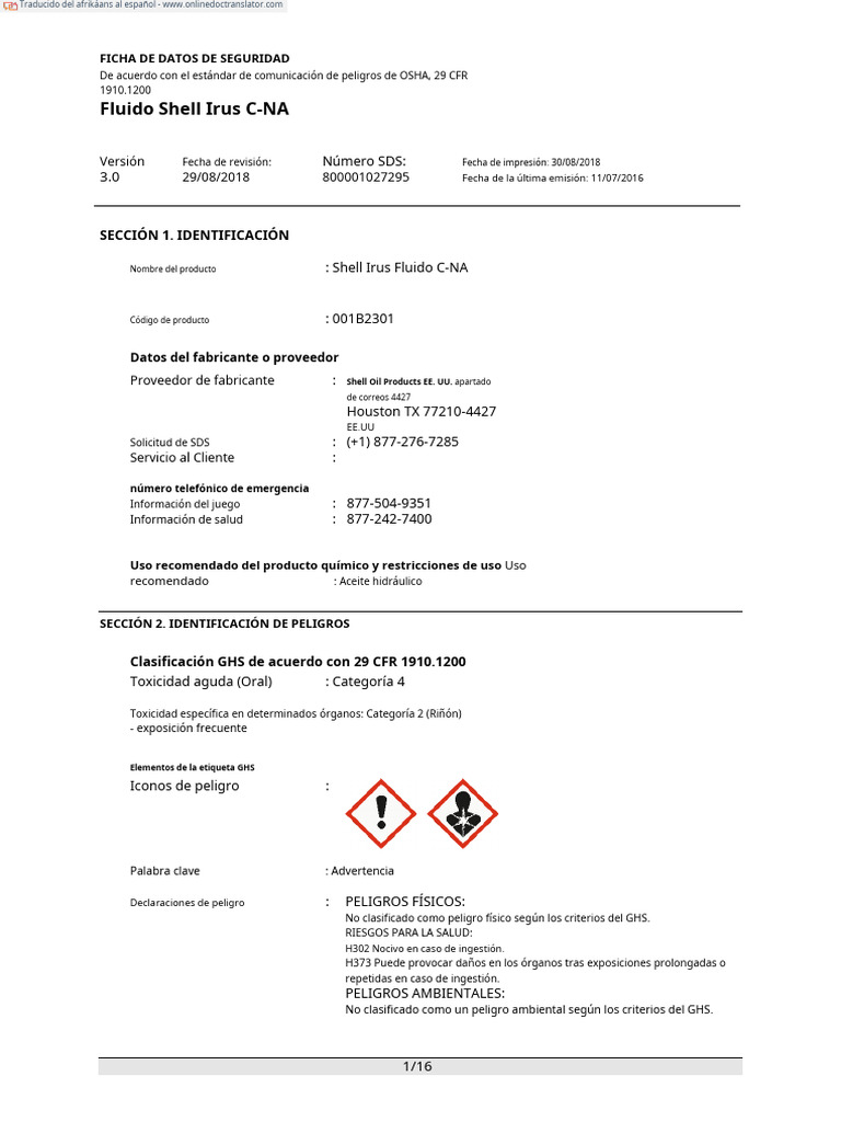 Ficha Seguridad Shell Irus C-NA | PDF | Residuos | Contaminación