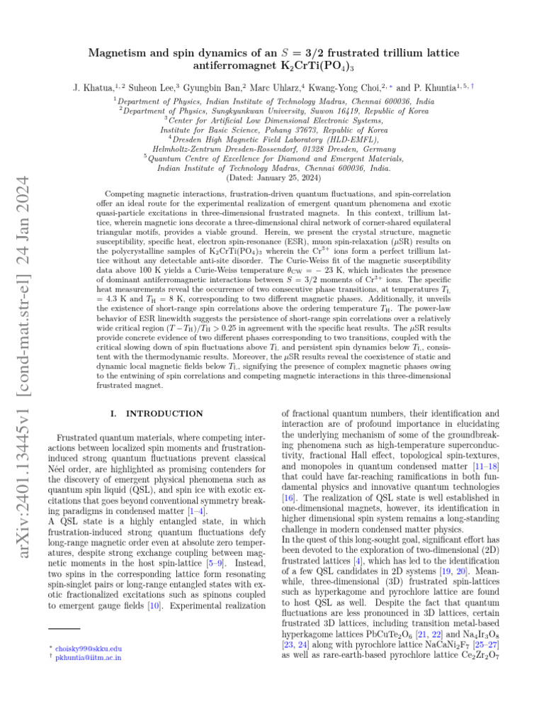 2024 Arxiv Magnetism and Spin Dynamics of An S 3:2 Frustrated Trillium Lattice Antiferromagnet ...