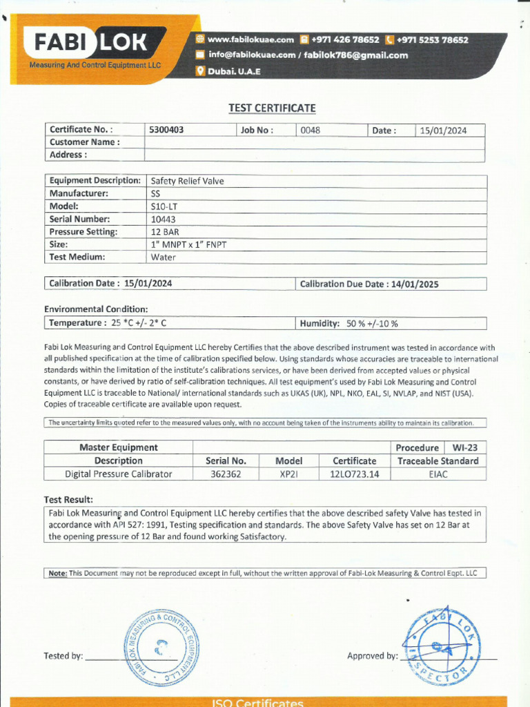 Calibration Certificate Safety Valves | PDF
