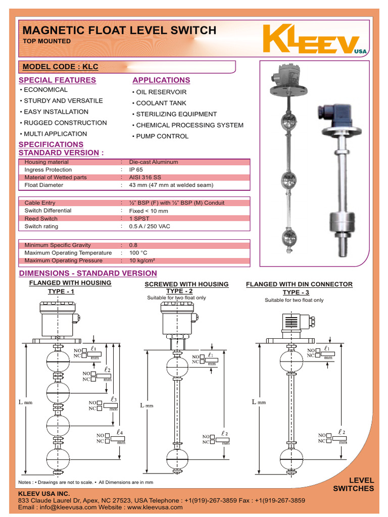 Magnetic Float Level Switch Overview | PDF | Manufactured Goods | Mechanical Engineering