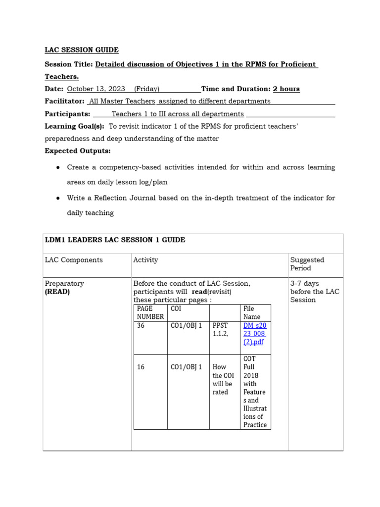 LAC Session Guide Obj. 1 Edited | PDF | Curriculum | Human Communication