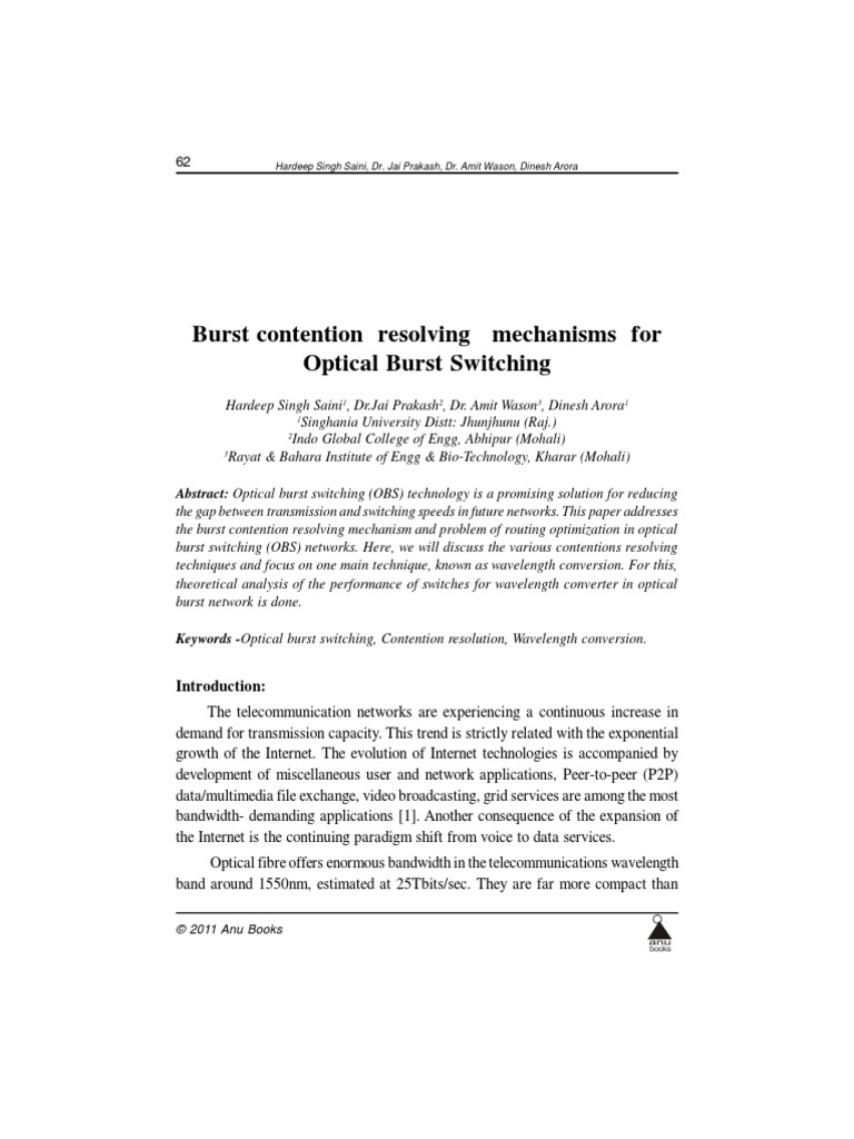 Burst Contention Resolving Mechanisms For Optical Burst Switching | PDF