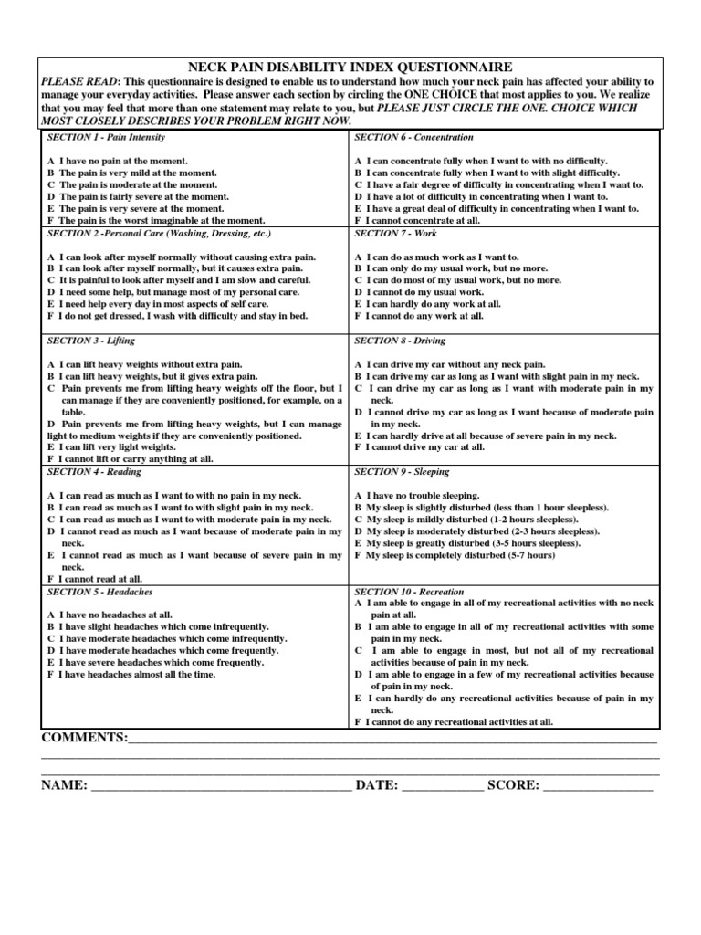 Neck Pain Disability Index Questionnaire | PDF | Headache | Pain