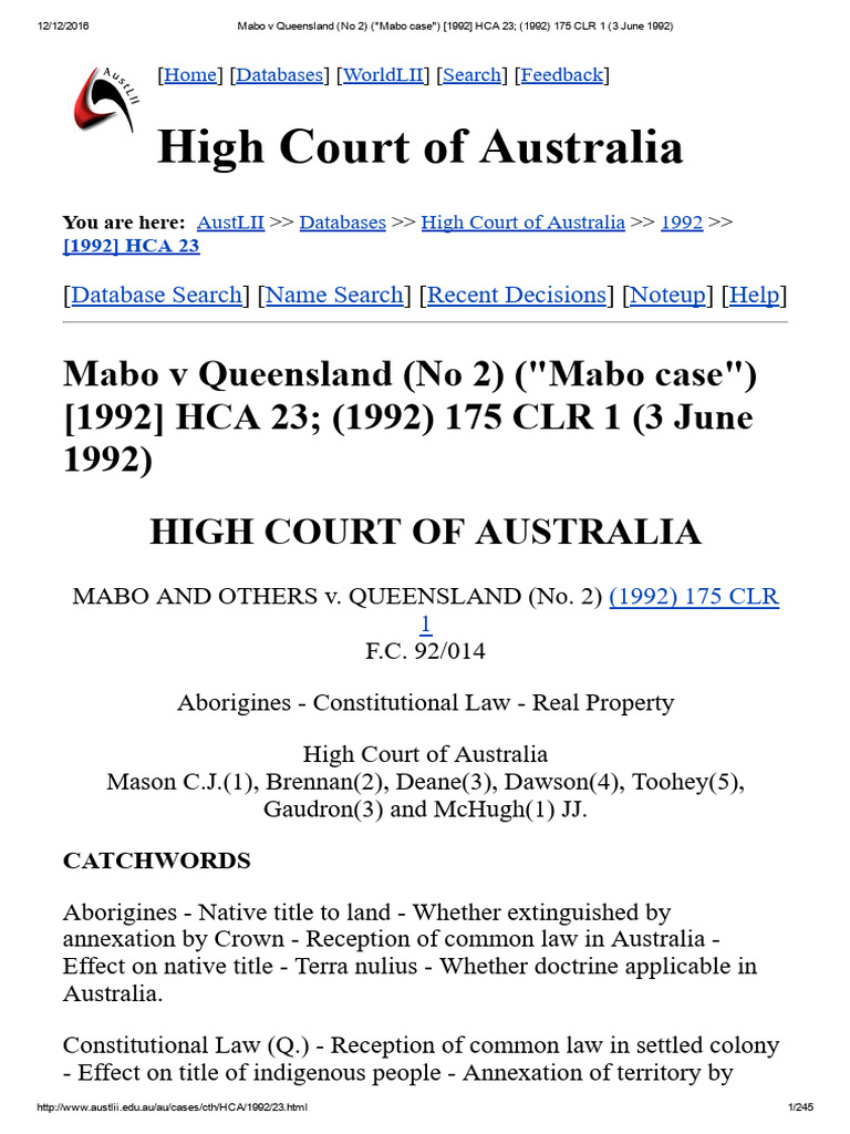 Mabo V Queensland (No 2) ( - Mabo Case - ) (1992) HCA 23 (1992) 175 CLR ...