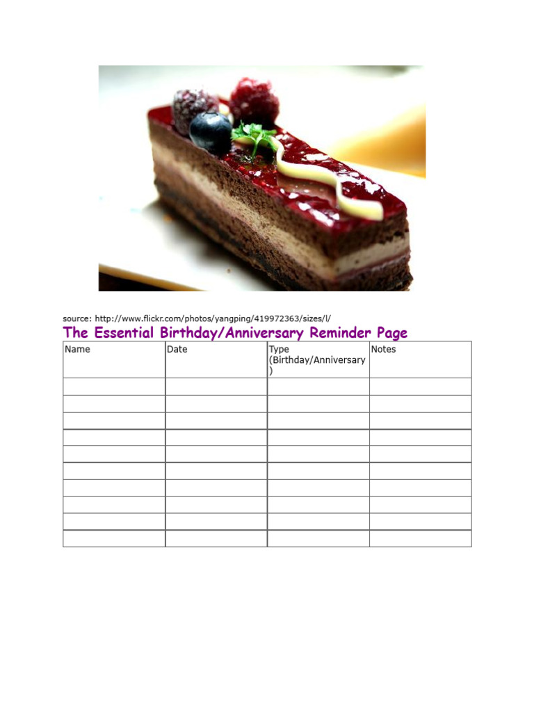 Birthday Reminder Page | PDF