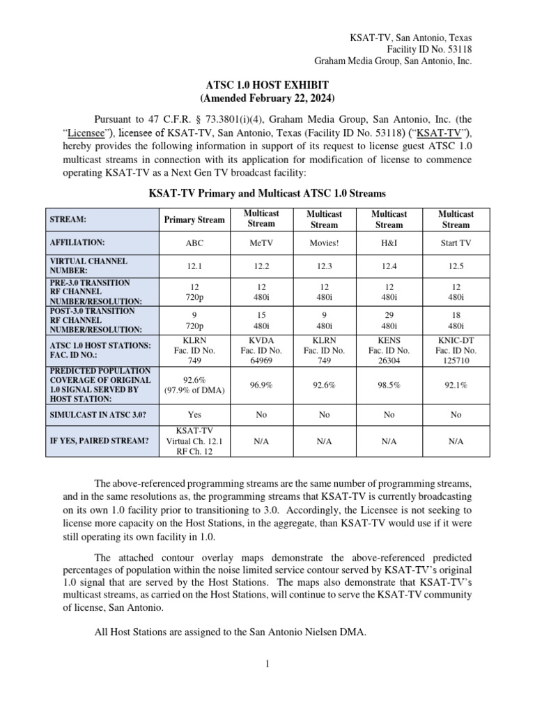 KSAT ATSC 1.0 Host Exhibit (For 3.0 Deployment) (Amended 2-22-24) | PDF | Companies ...