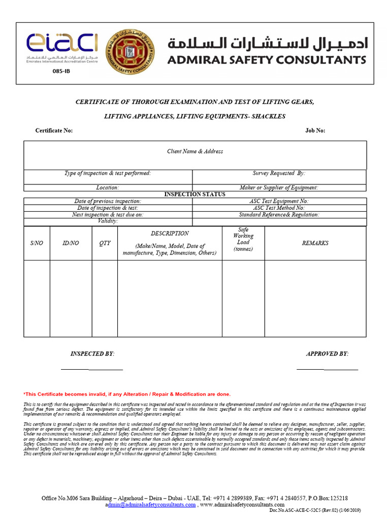 Shackle Inspection and Test Certificate | PDF | Legal Liability ...