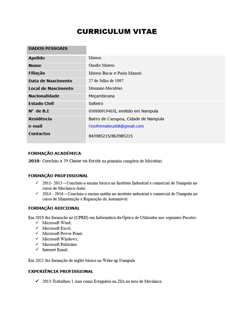 Curriculum Vitae Onofre MATEUS 2023 | PDF | Microsoft