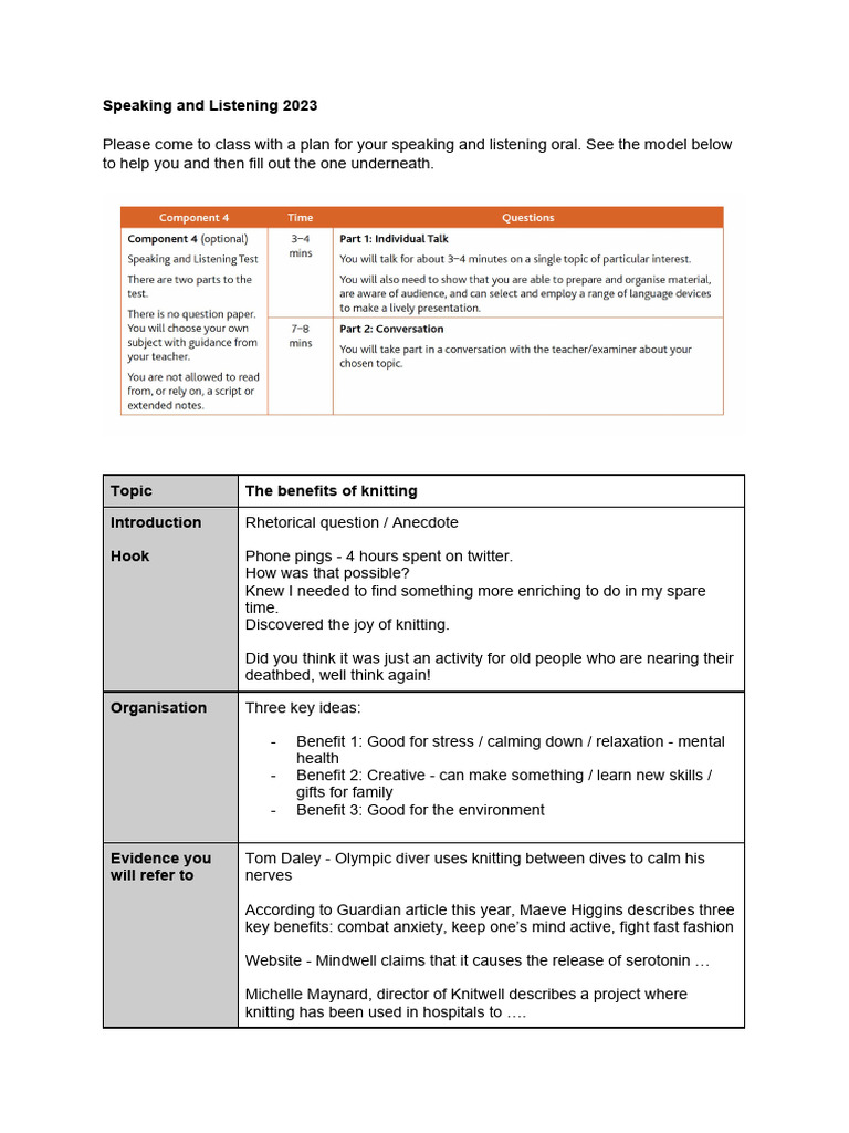 Speaking and Listening 2023 - Planning Sheet | PDF | Knitting