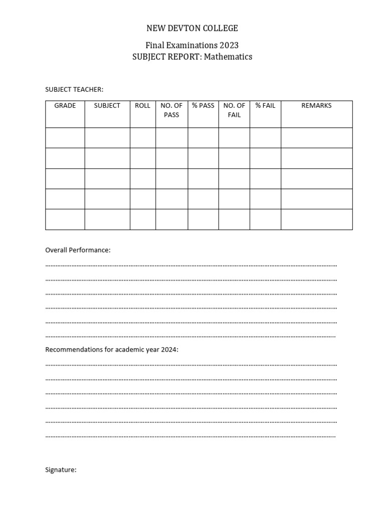 Subject Report Final Exams 2023 Template | PDF