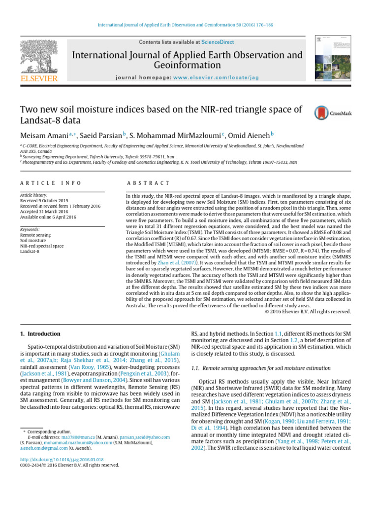 Amani-Two New Soil Moisture Índices Based On The NIR-red Triangle Space of Landsat-8 Data | PDF ...