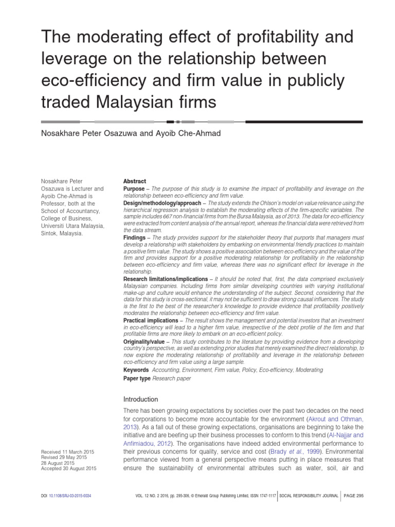 The Moderating Effect of Profitability and Leverage On The Relationship Between Eco-Efficiency ...