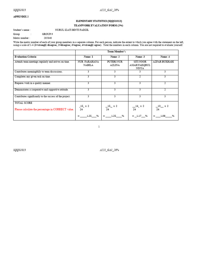 A221 APPENDIX 2 - Peer Evaluation GA1 | PDF