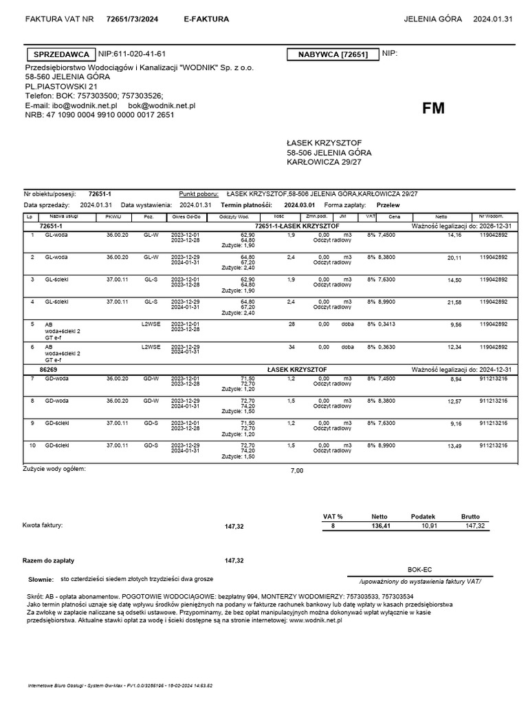 72651/73/2024 E-Faktura: 72651-1 Termin Płatnośći: 2024.03.01 Przelew | PDF