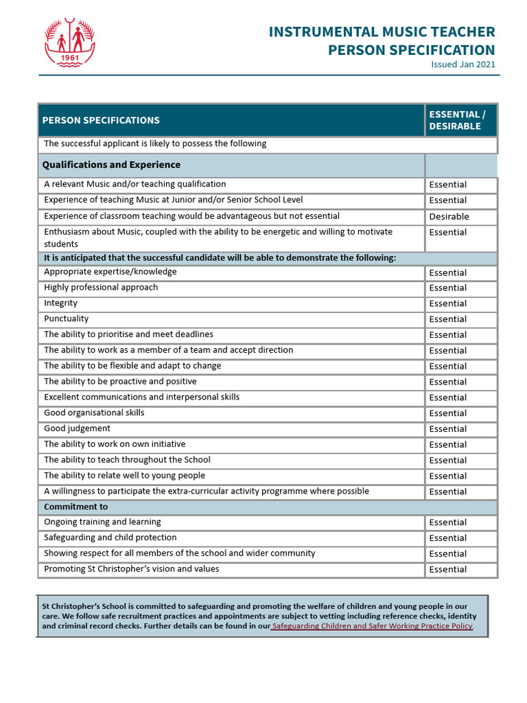 Instrumental Music Person Spec | PDF | Teachers | Cognitive Science