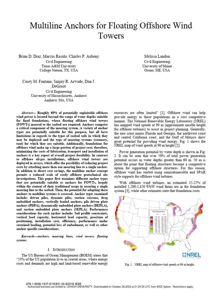 Diaz 2016 - Multiline - Anchors - For - Floating - Offshore - Wind - Towers | PDF | Deep ...