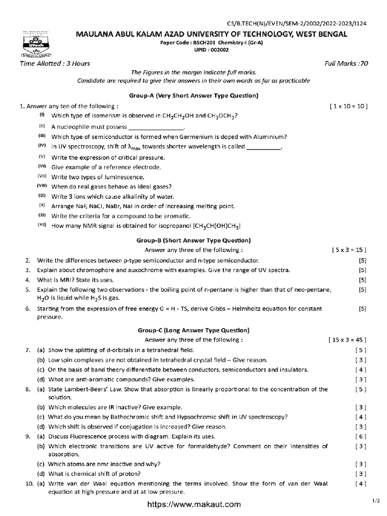 Btech 2 Sem Chemistry 1 Bsch201 2023 | PDF Btech 2 Sem Chemistry 1 Bsch201 2023 | PDF