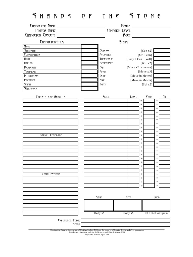 Shards of The Stone Character Sheet 2 | PDF | Role Playing Games | Gaming
