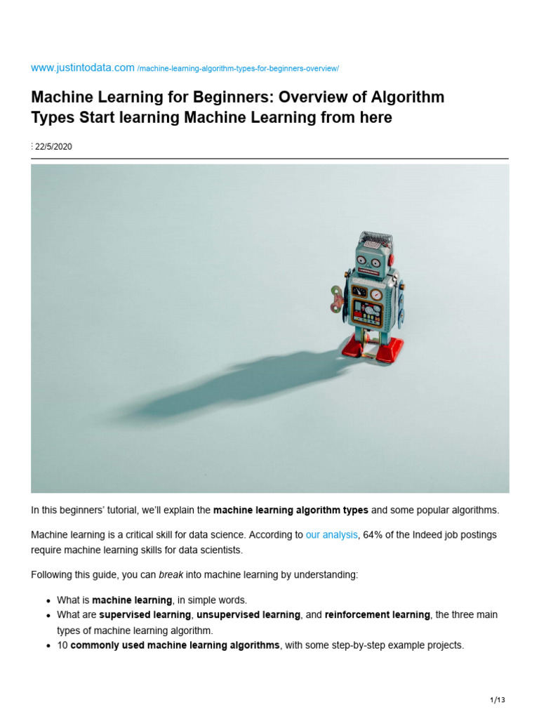 Machine Learning For Beginners Overview Of Algorithm Typesstart Learning Machine Learning From