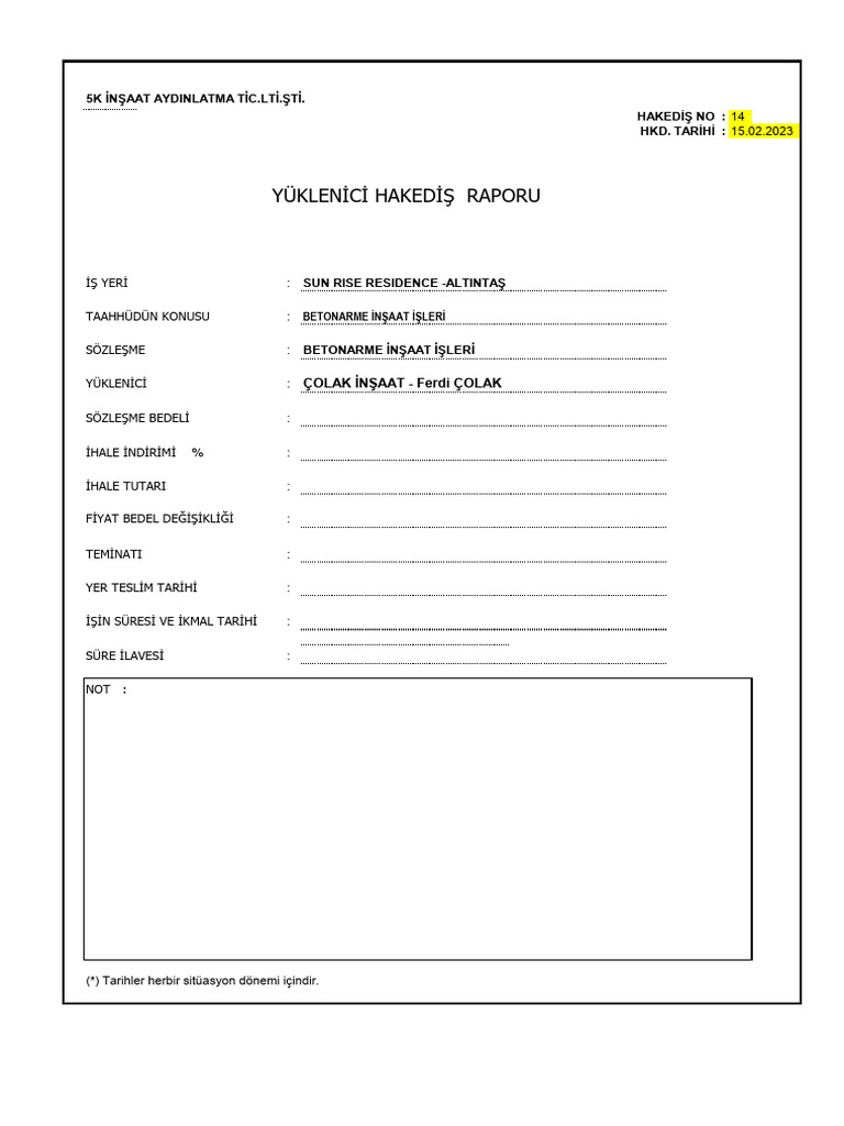 Ferdi Çolak Taşeron Hakediş 14 - 15.02.2023 | PDF