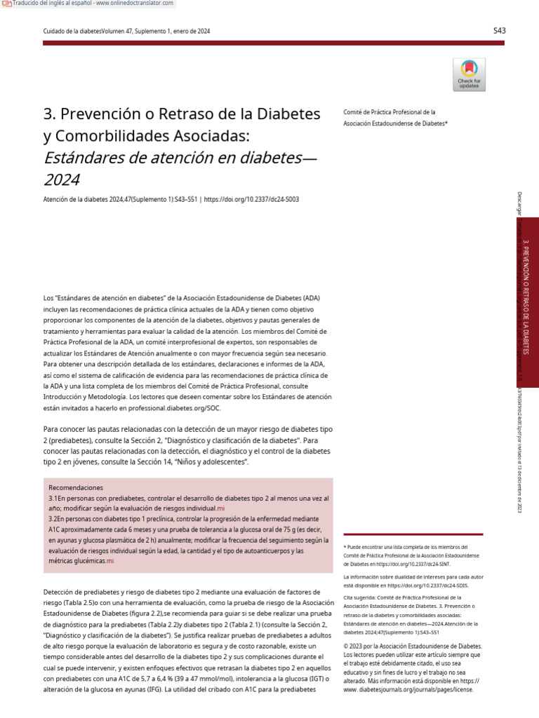 Prevención o Retraso de La Diabetes y Comorbilidades Asociadas ADA 2024 ...