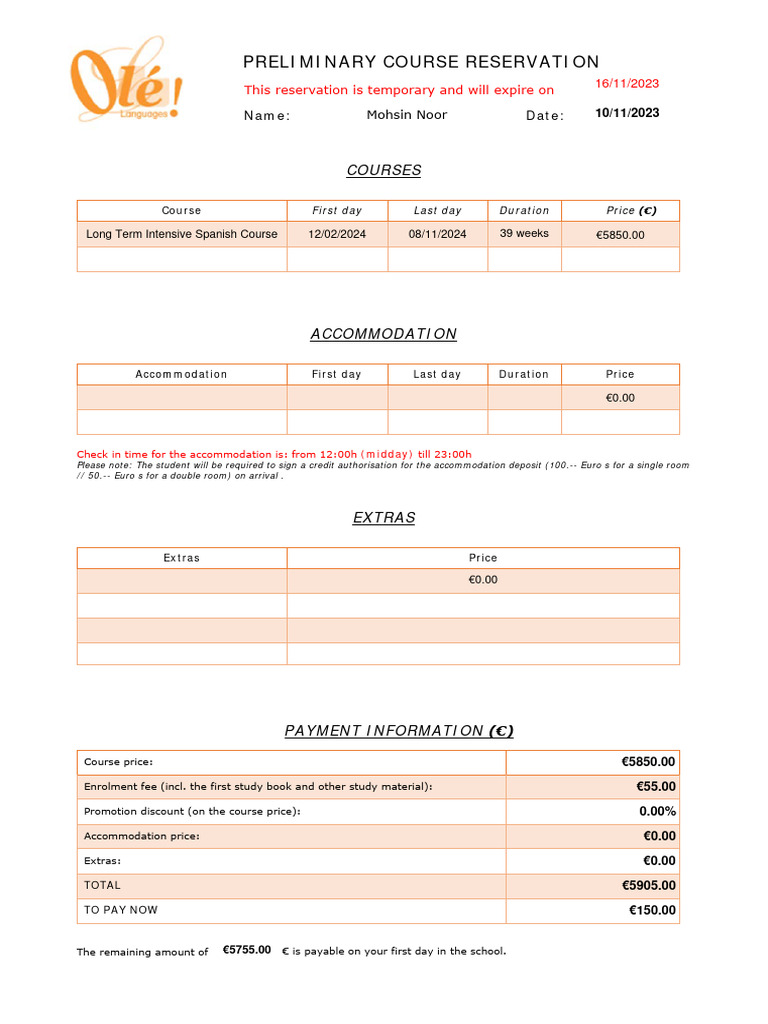 Preliminary Course Reservation | PDF | Credit Card | Wire Transfer