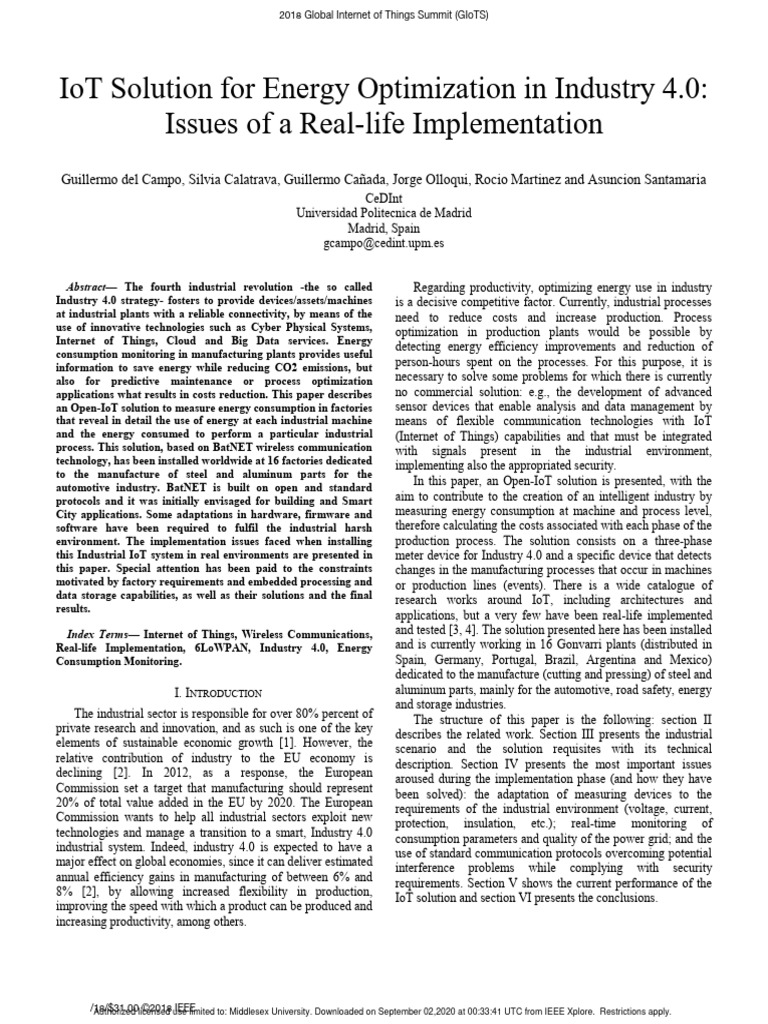 Iot Solution For Energy Optimization In Industry 4 0 Pdf Internet Of Things Computer Network