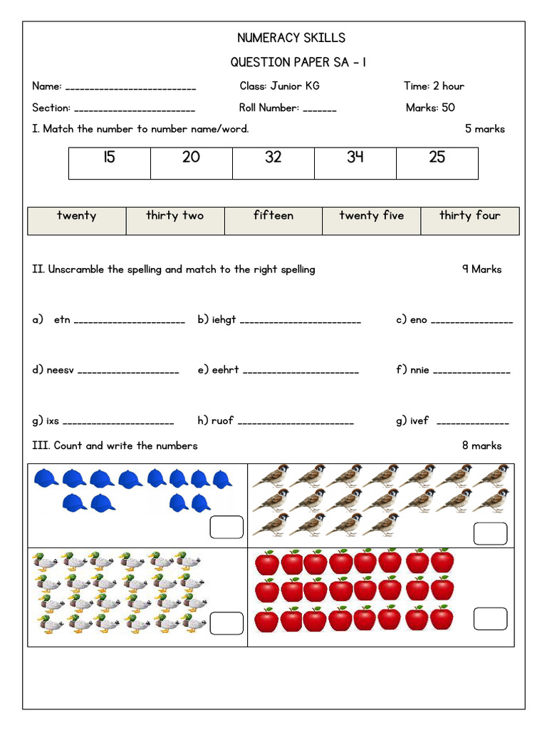 LKG SA 1 Q.Paper - Numeracy | PDF