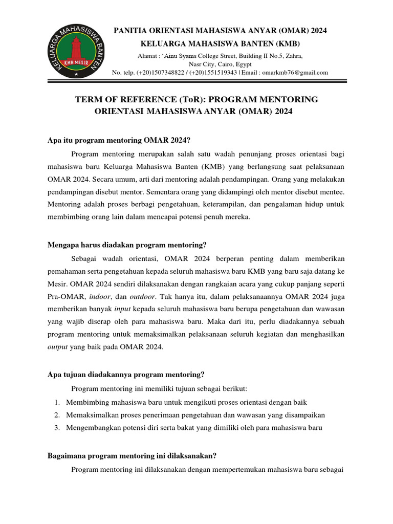 ToR Mentoring OMAR 2024 | PDF | Bisnis