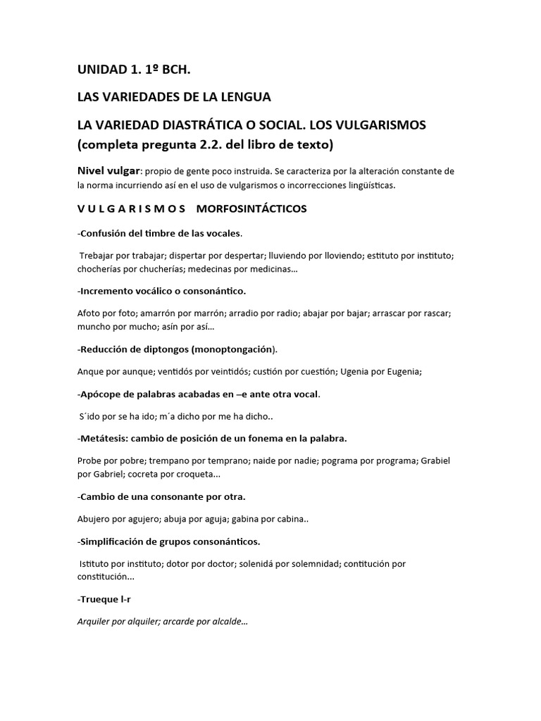 Vulgarismos y Metátesis en el Lenguaje | PDF | Sintaxis | Idiomas