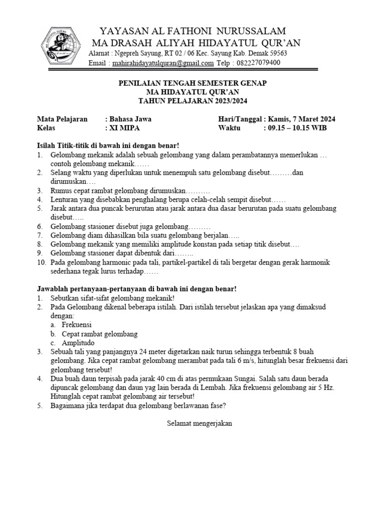 Soal PTS B.jawa XI Genap 2023.2024 | PDF | Sains & Matematika