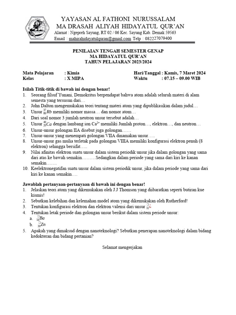 Soal PTS Kimia X Genap 2023.2024 | PDF | Teknologi & Rekayasa