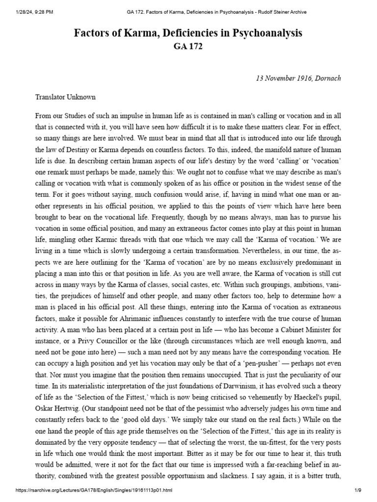 GA 172. Factors of Karma, Deficiencies in Psychoanalysis - Rudolf Steiner Archive | Download ...
