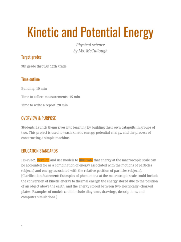 Catapult Lesson Plan for Energy Concepts | PDF | Machines | Kinetic Energy