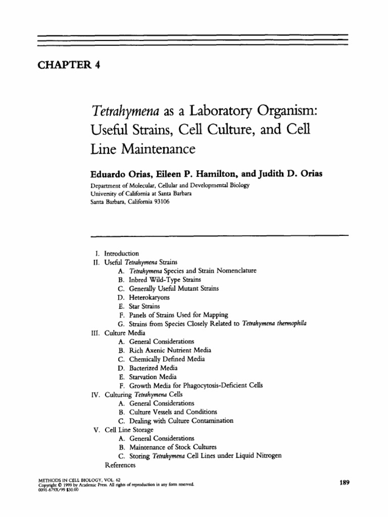 Chapter 4 Tetrahymena As A Laboratory Organism Useful Strains, Cell Culture, and Cell Line ...