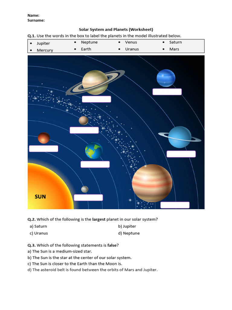 Solar System and Planets (Worksheet) Q.1. Use The Words in The Box To ...
