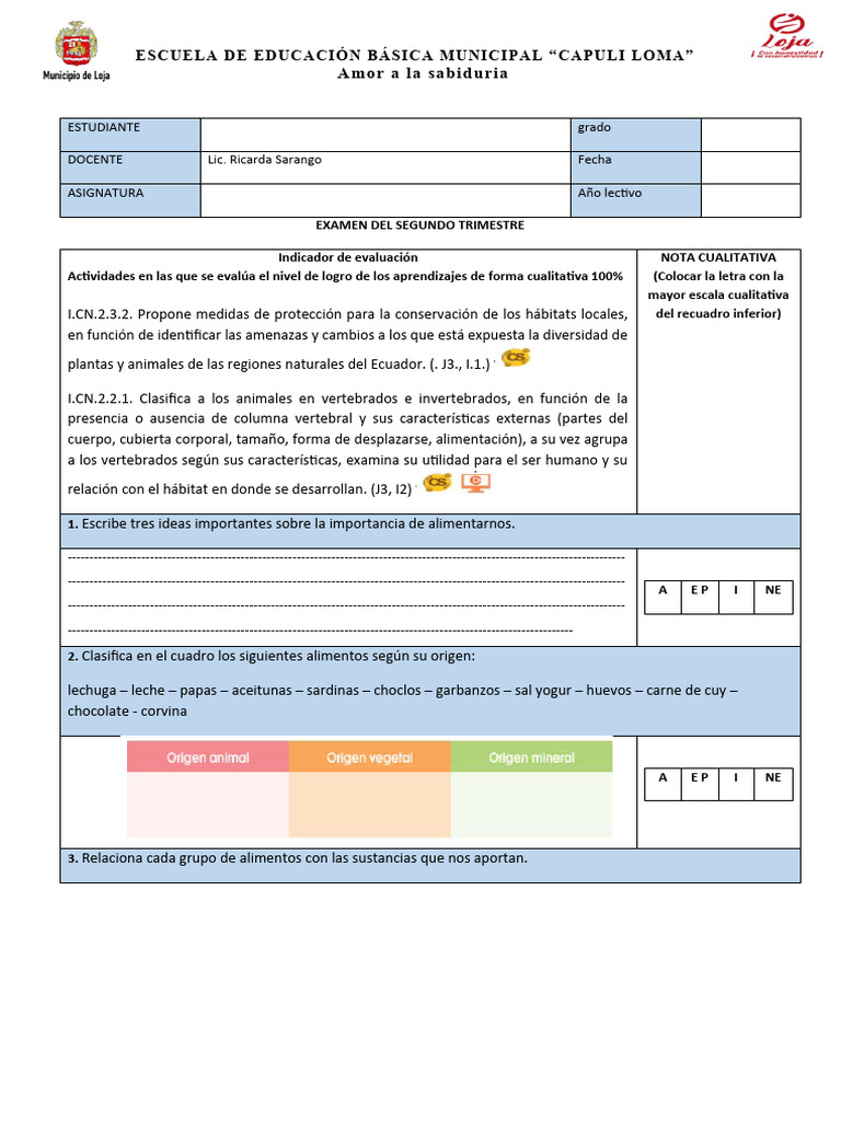 Evaluación Segundo Trimestre CCNN 4° | PDF | Esqueleto | Alimentos