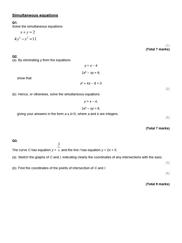 Y12 Chapter 1 To 5 Simultaneous Equations Follow Up Work Pdf