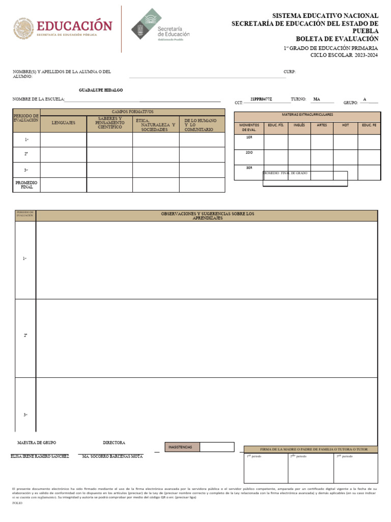 Boleta de Evaluación Primaria Puebla | PDF | Educación primaria
