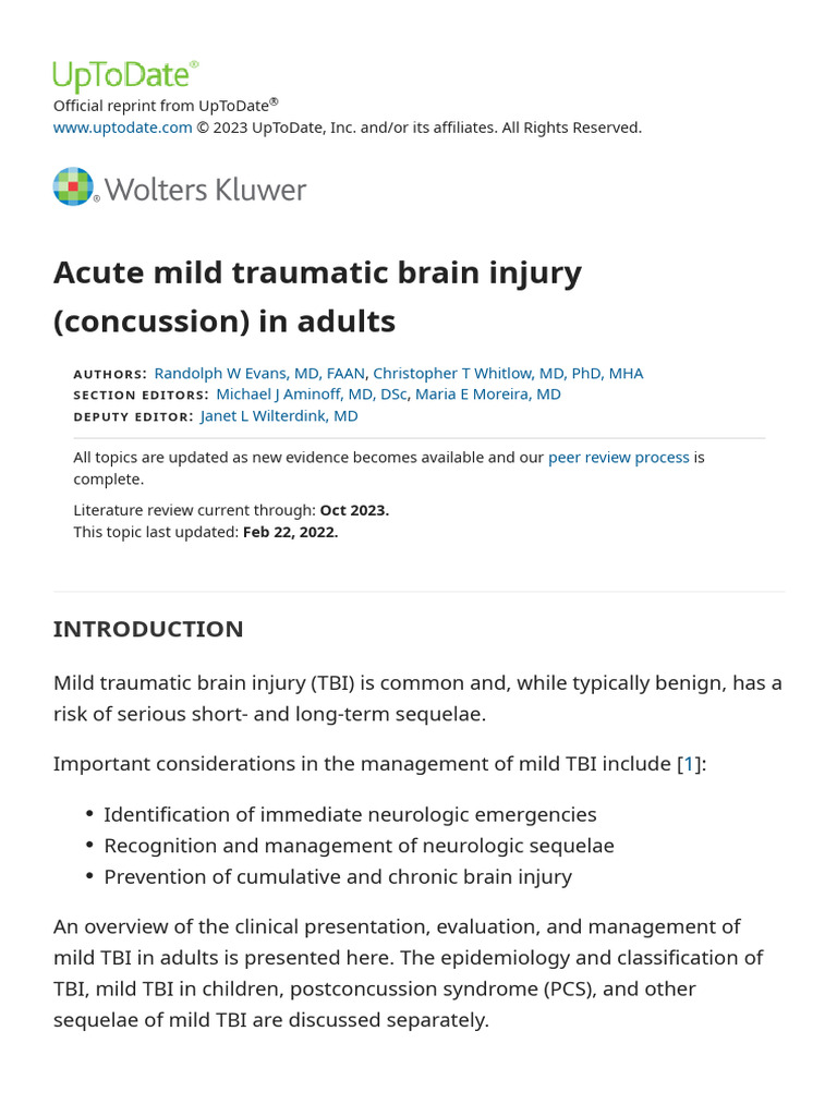 Acute Mild Traumatic Brain Injury (Concussion) in Adults - UpToDate | PDF | Traumatic Brain ...