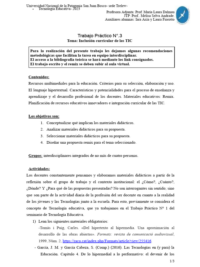 Trabajo Práctico #3 - Tec Educ - 2023 | PDF | Tecnologia Educacional | Enseñando