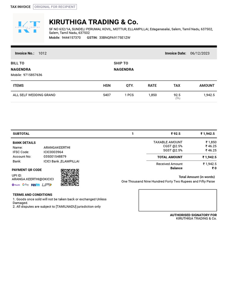 Kiruthiga Trading & Co.: Invoice No.: 1012 Invoice Date: 06/12/2023 | Download Free PDF ...