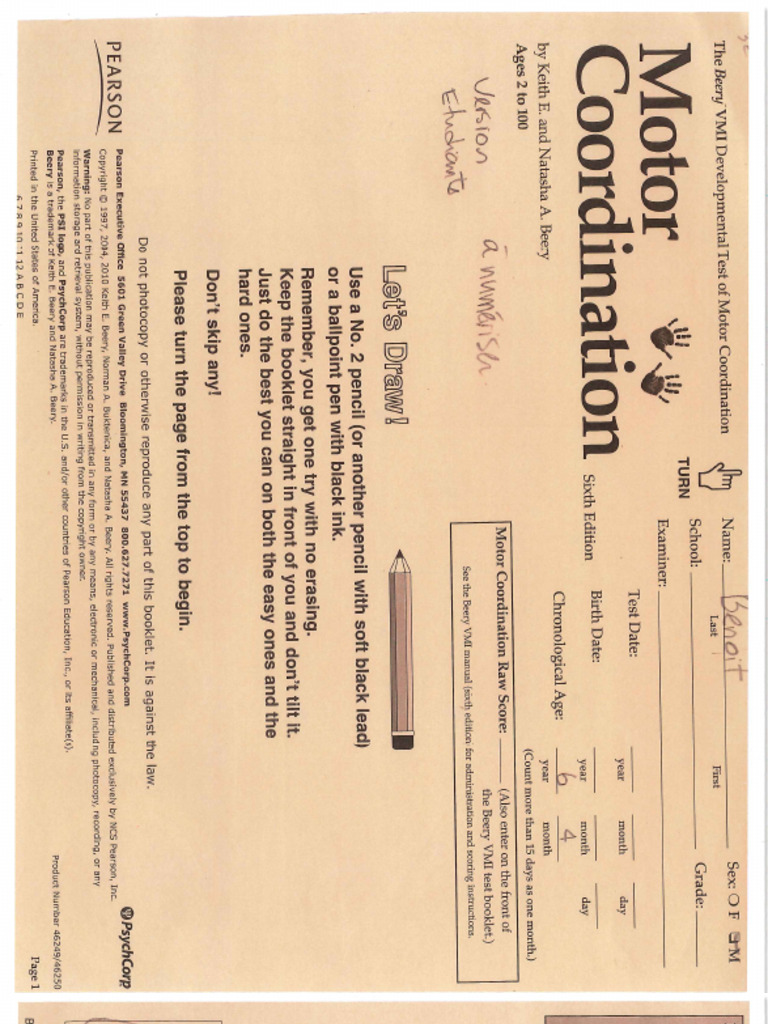 Beery Motor Coordination - Benoit | PDF