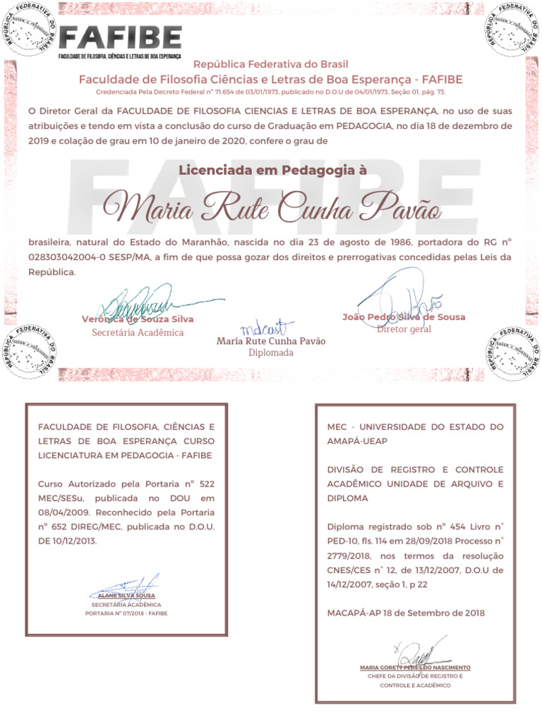 Certificado Licenciada em Pedagogia - Maria Rute Cunha Pavão | PDF ...