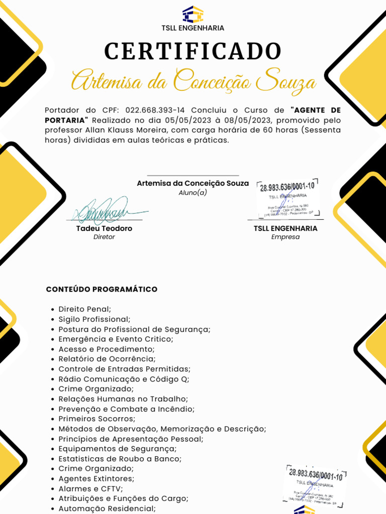Certificado Curso de Agente de Portaria | PDF